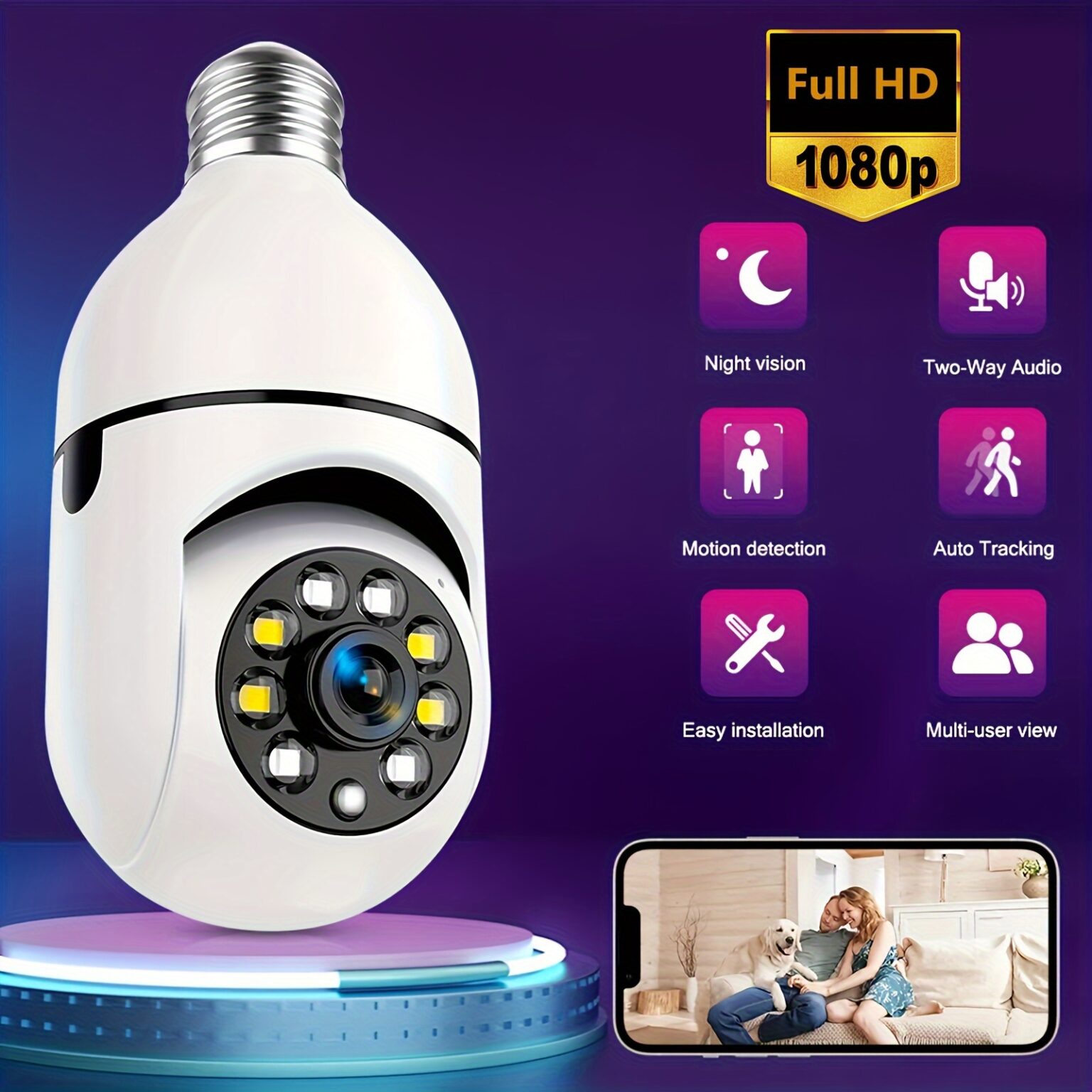 Afgvk 2k Hd Wireless Wifi Security Camera Light Bulb With 360 Ptz ...