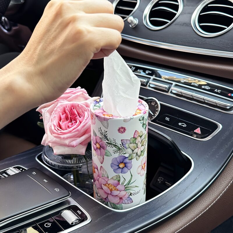 Travel Car Tissue Box Holder With Facial Tissues White Flower Design ...