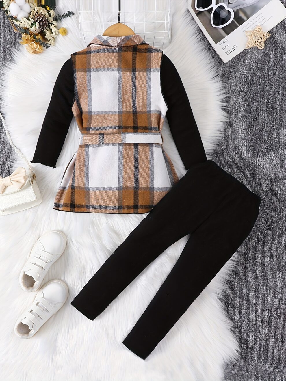 Girls 3pcs Elegant Plaid Outfit Sleeveless Jacket Pullover Pants Kids ...