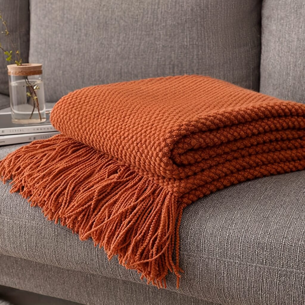 Soft Morandi Orange Knit Tassel Throw Blanket For Couch Bed Travel ...