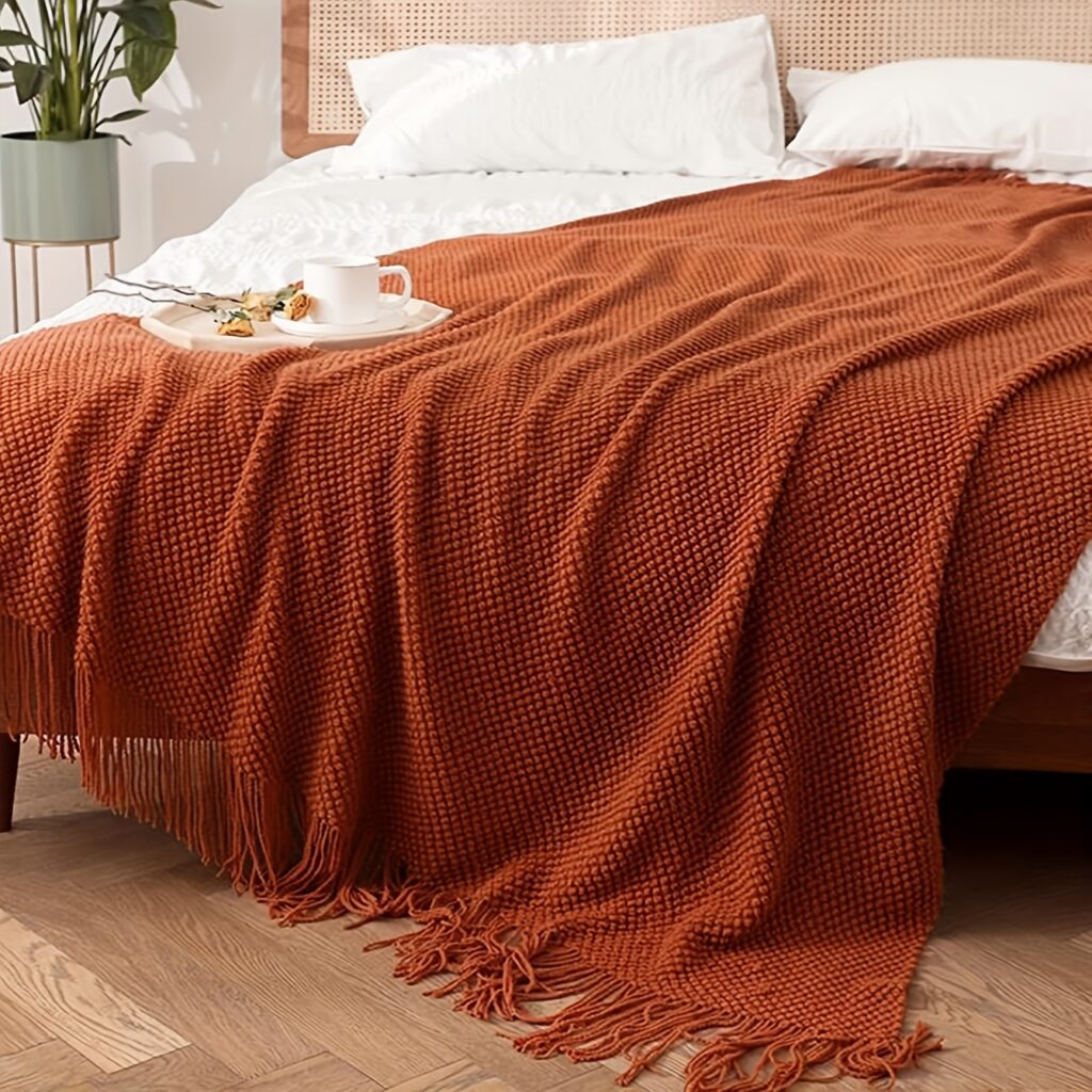 Soft Morandi Orange Knit Tassel Throw Blanket For Couch Bed Travel ...