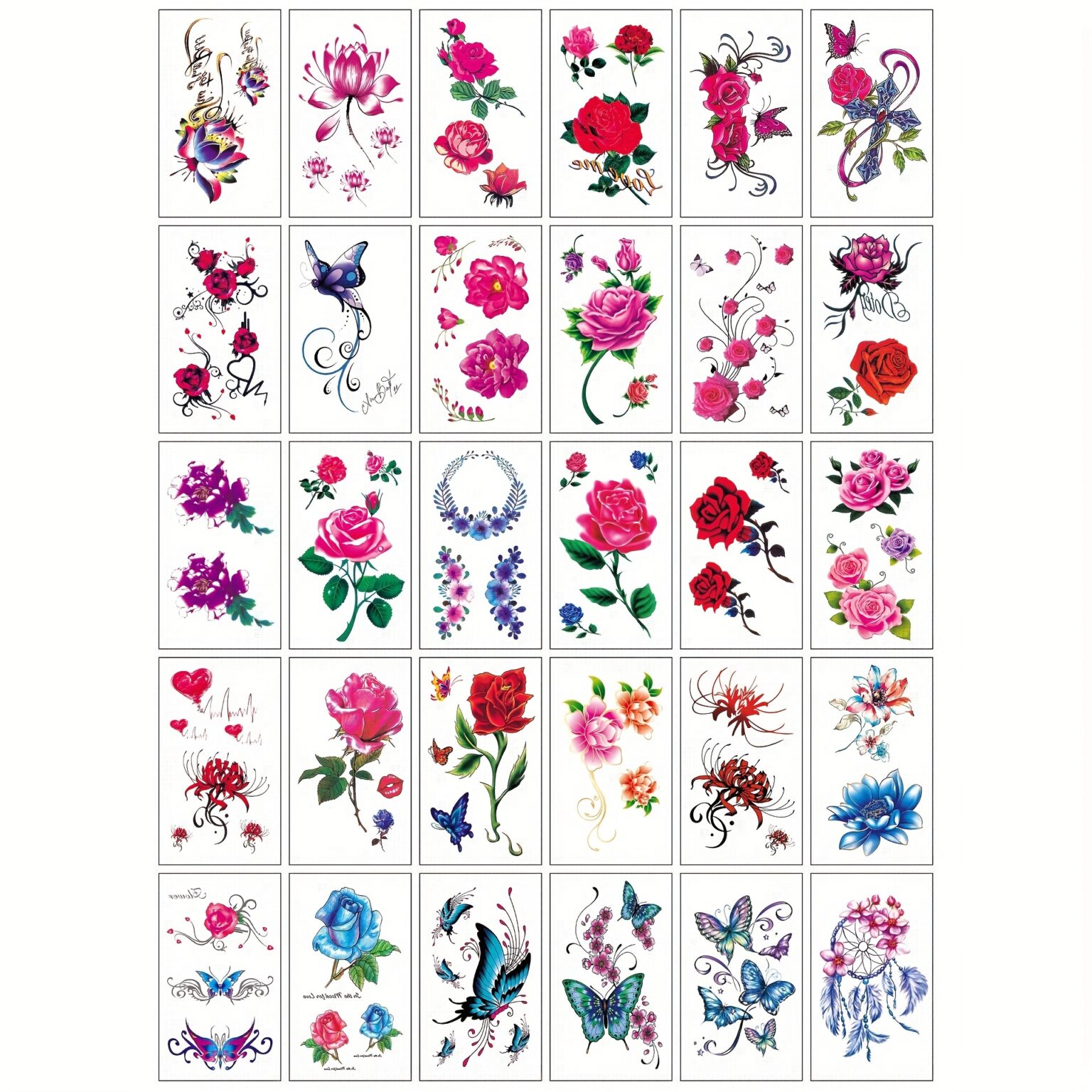 Vibrant Waterproof Temporary Tattoos Butterfly Lotus Rose 30 Pack ...