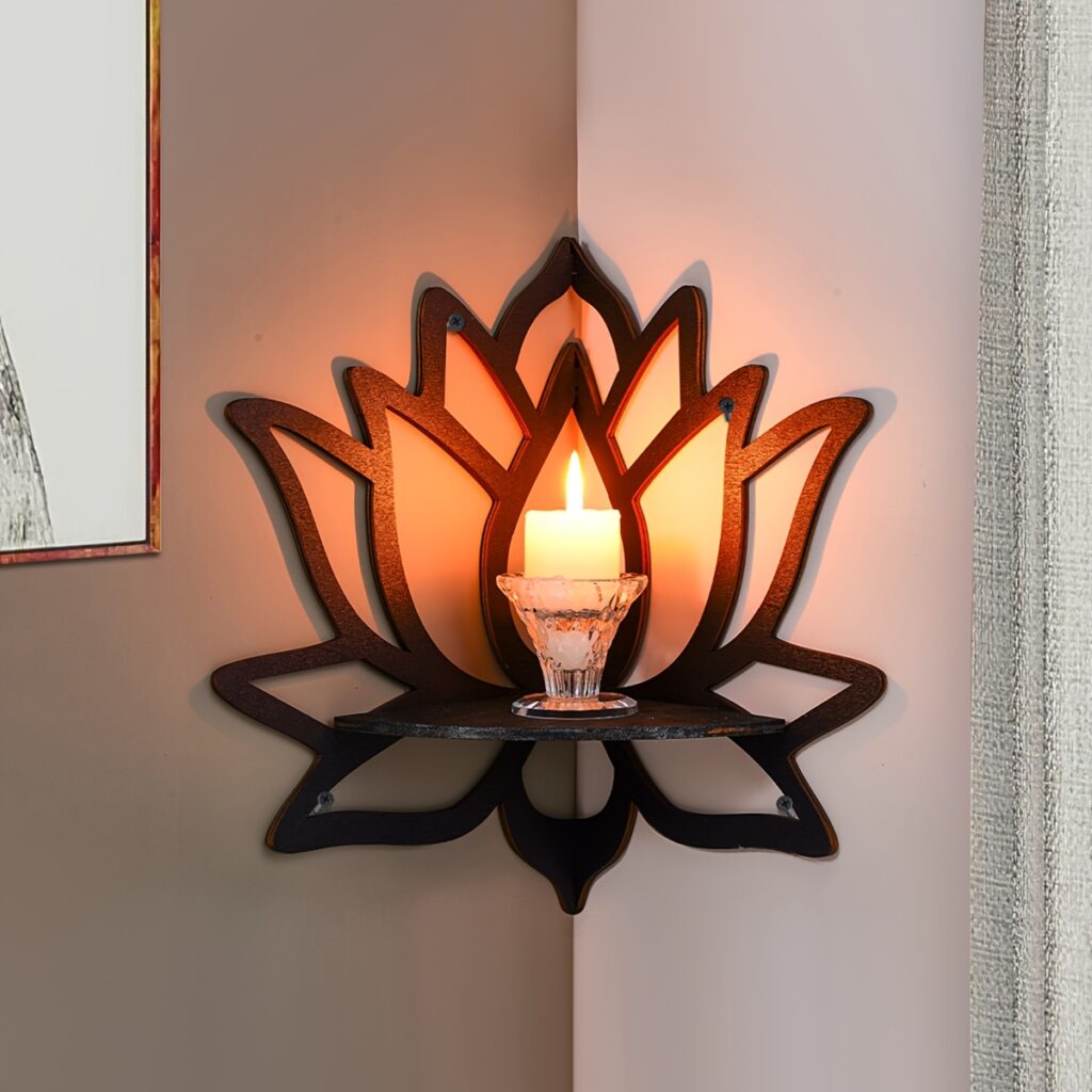 Lotus Shape Floating Wooden Shelf Crystal Plant Candle Display Rack ...