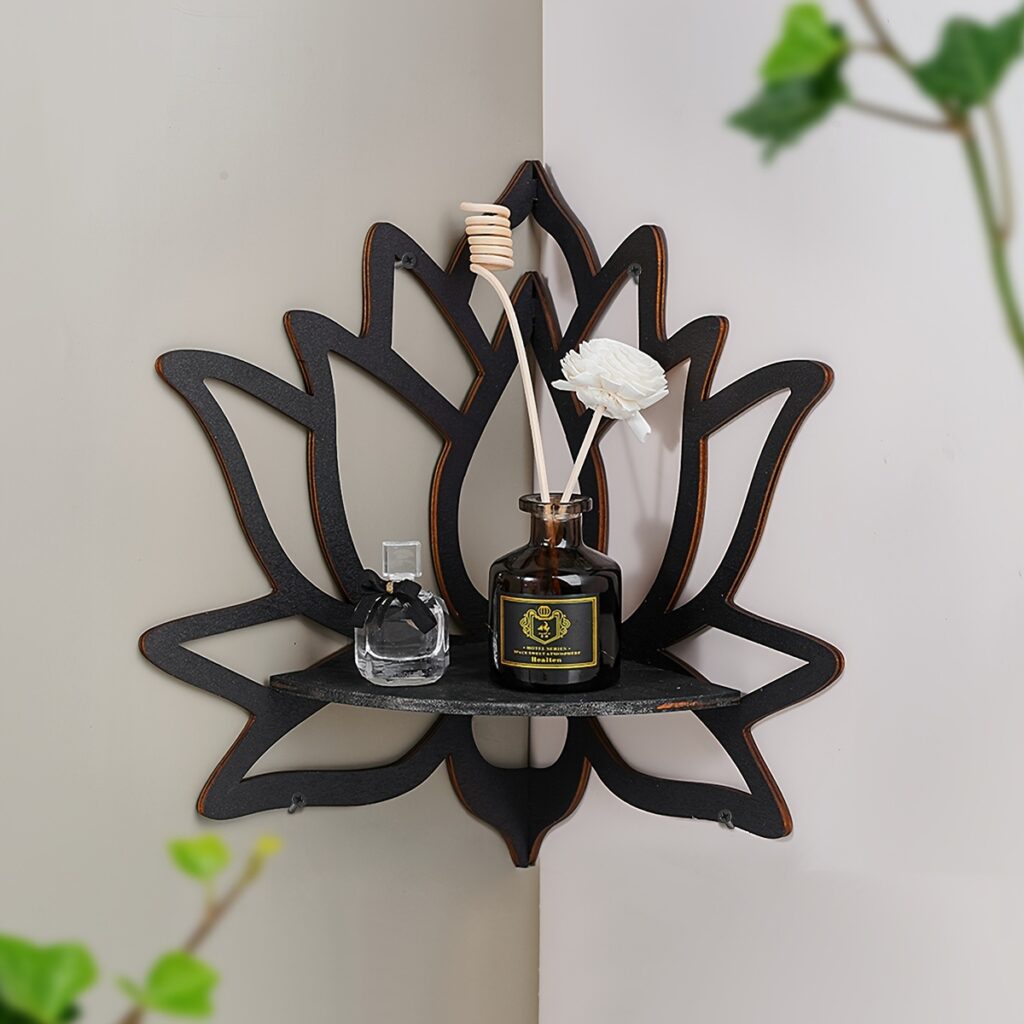 Lotus Shape Floating Wooden Shelf Crystal Plant Candle Display Rack ...