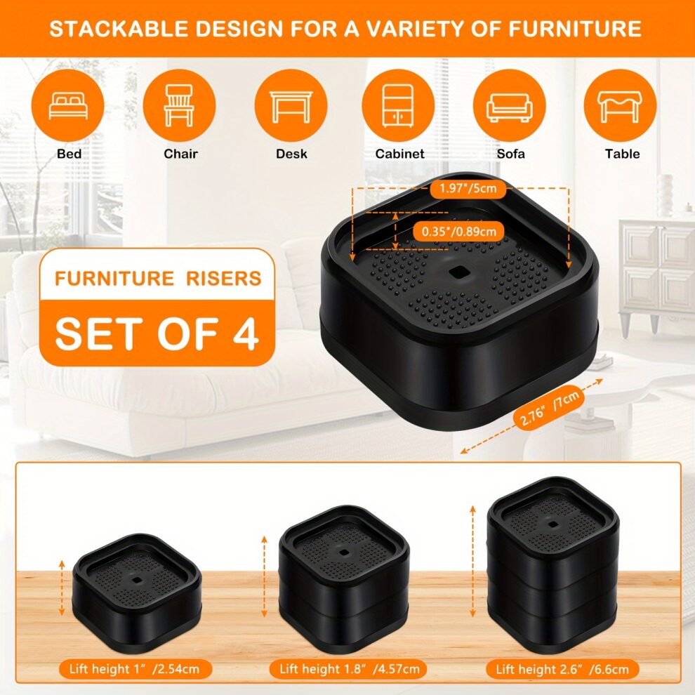 Adjustable Heavy Duty Bed Furniture Risers 4pcs 1 Stackable Black ...