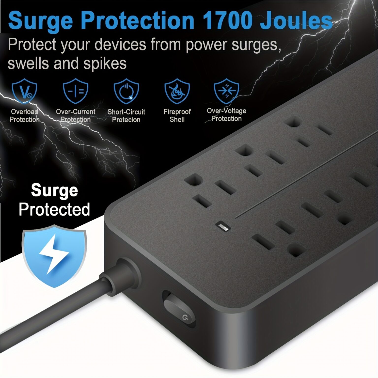 Surge Protector Power Strip With Usbc 8 Outlets 4ft Cord Black - Free ...