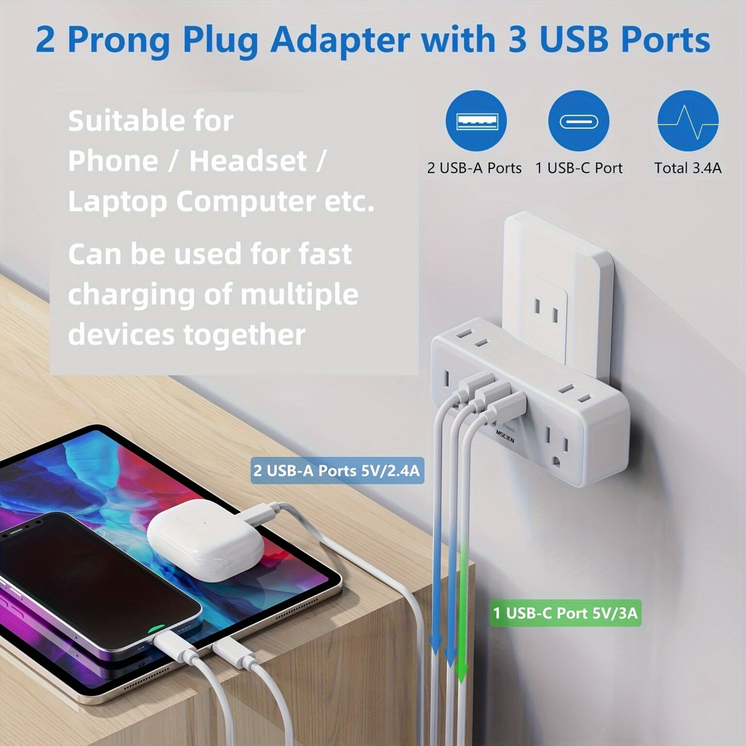Us Plug Wall Socket 2 Usb 1 Typec Surge Protected - Free Shipping Worldwide