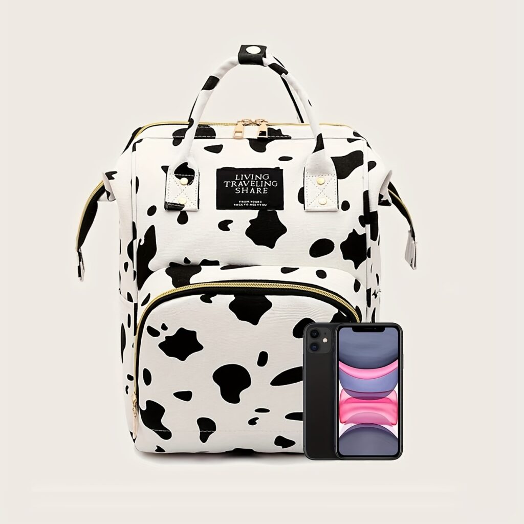Chic Cow Print Backpack Trendy Zipper Rucksack Womens Travel Diaper Bag ...