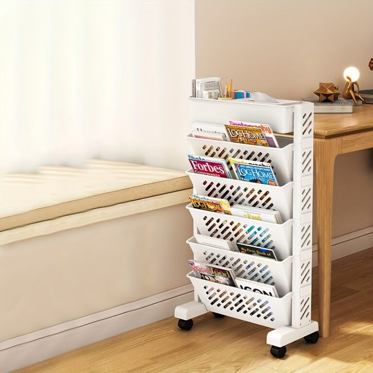 Adjustable White Plastic Bookshelf With Wheels Office Home Storage ...