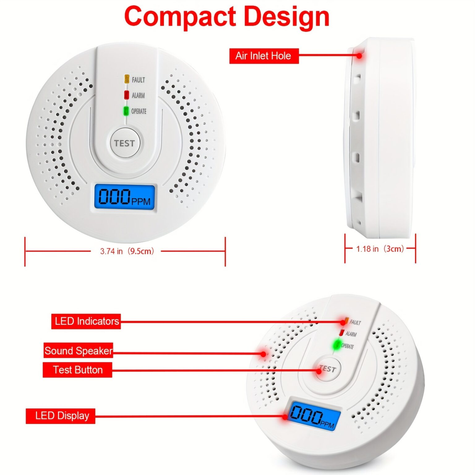 Batteryfree Mini Carbon Monoxide Detector Loud Alarm Digital Display ...
